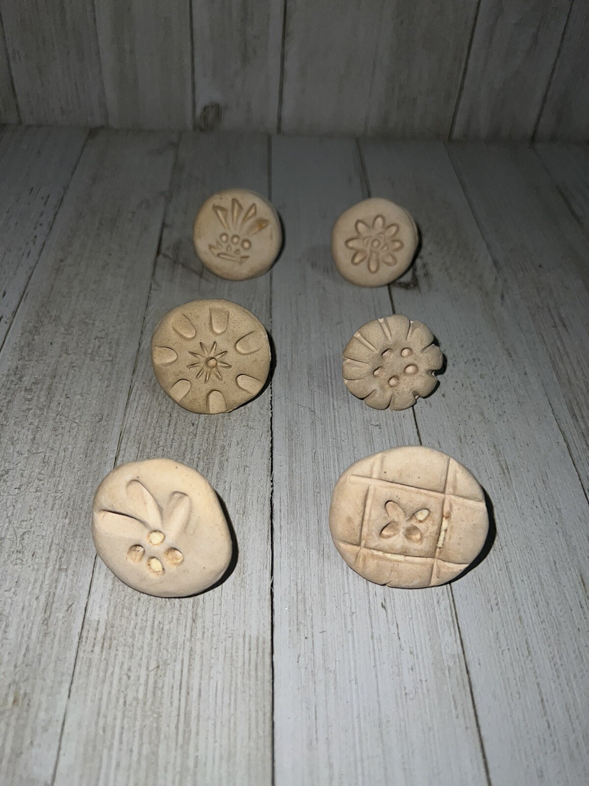 Vintage 6 COOKIE MOLD STAMPS Clay Handmolded 1 Manufactured Mold Unique ...