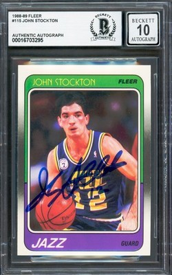 John Stockton Signed 1988-89 Fleer RC 115 Utah Jazz Auto GM 10 Beckett ...