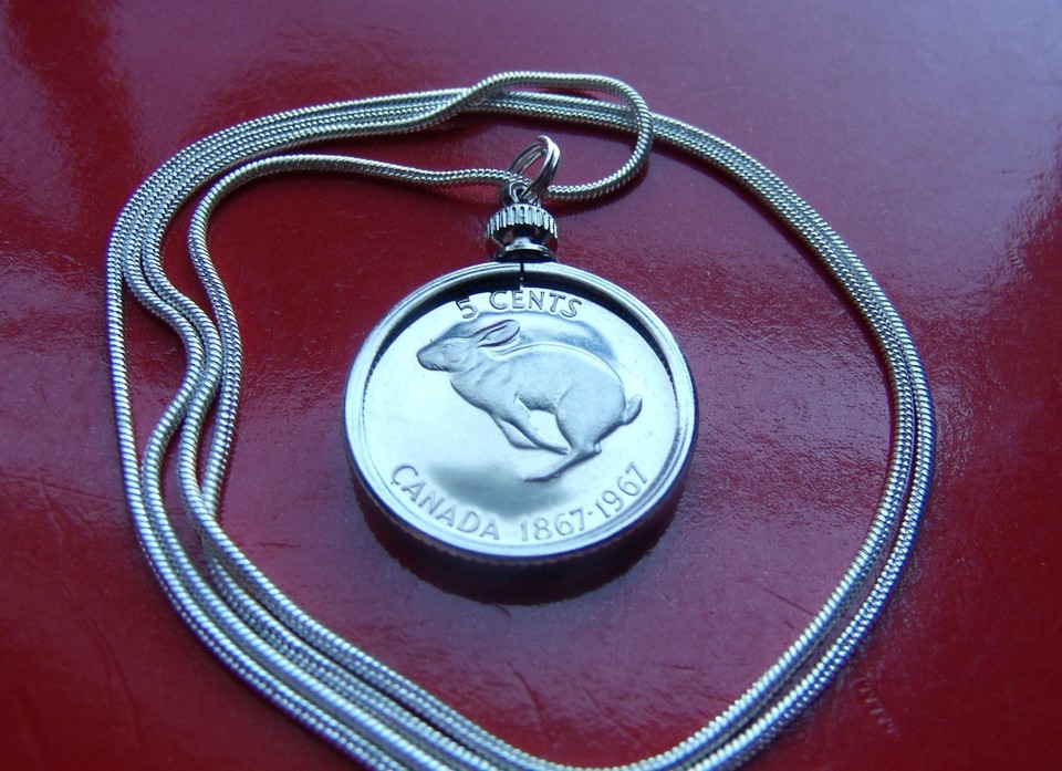 Classic Centennial Canada Coin Rabbit Pendant on a 28" 925 Silver Snake ...
