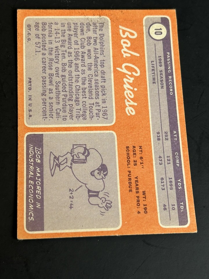 1970 Topps Football #10 Bob Griese HOF Purdue EX/EX+ Miami Dolphins $15 ...