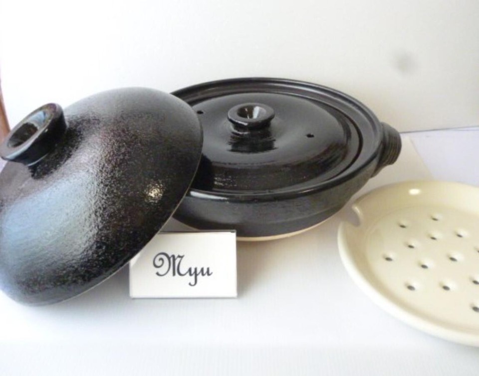 Japanese DONABE Earthen Clay Steam Pot Two Lid Multi-function Black ...