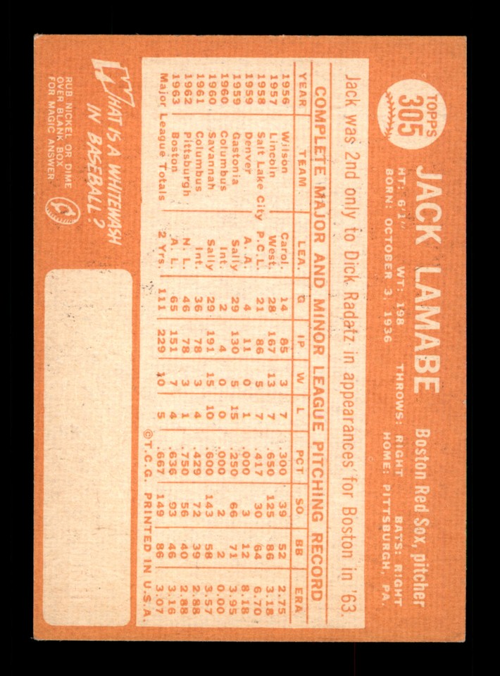 1964 Topps - #305 Jack Lamabe - Series 4 | eBay