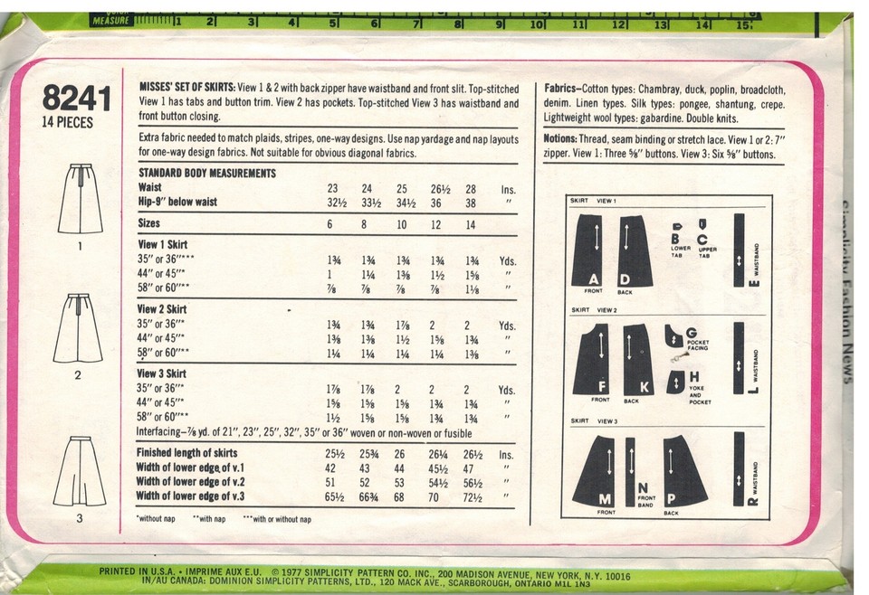 8241 Vintage Simplicity Sewing Pattern Misses Set of Skirts Top ...