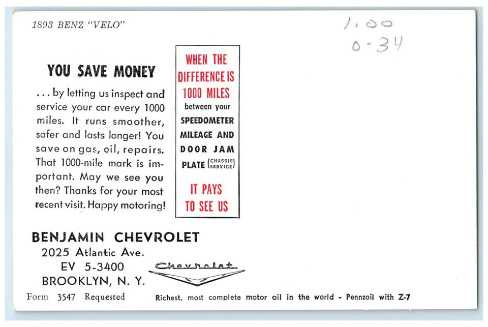 1893 Benz Velo Motor Car Benjamin Chevrolet Brooklyn New York NY ...