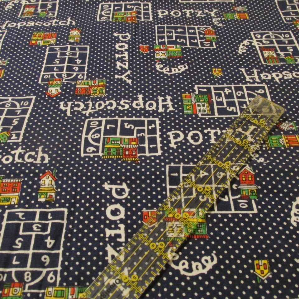 Vtg 70s cotton blend apparel weight fabric HOPSCOTCH Potzy Navy blue ...
