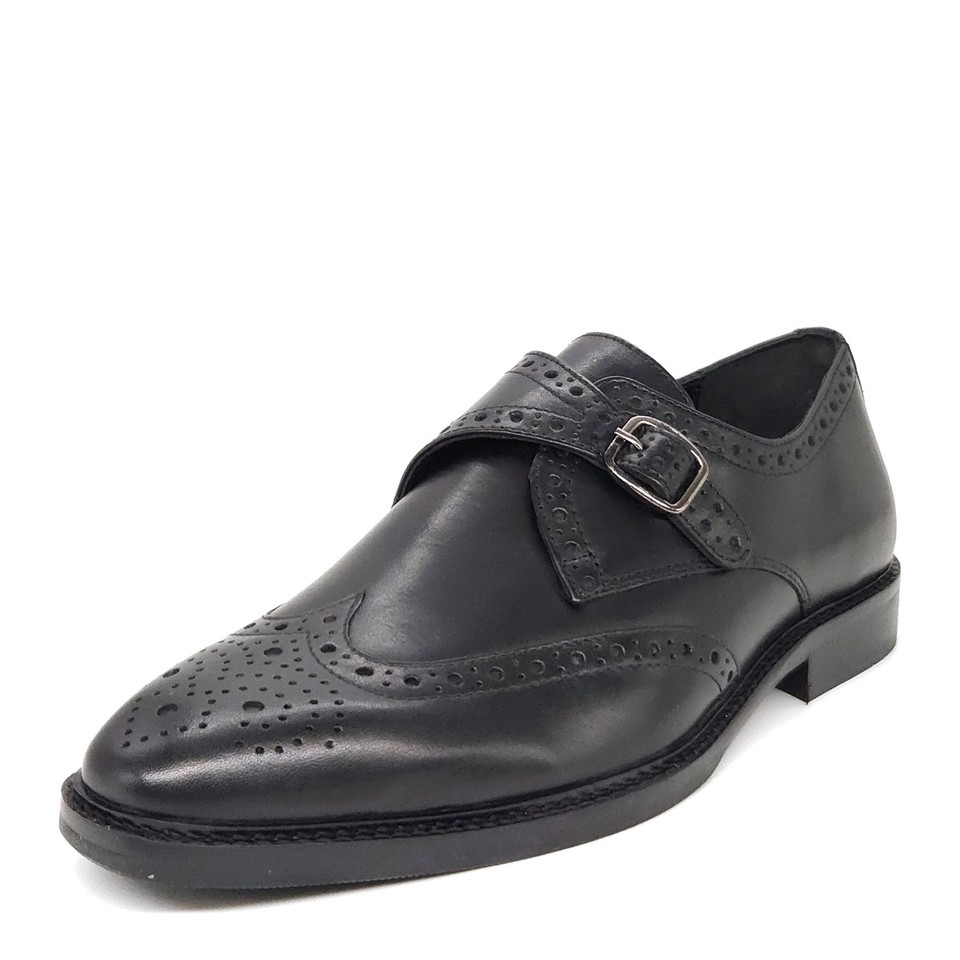Mens Leather Monk Strap Single Buckle Brogue Shoe Black HX London ...