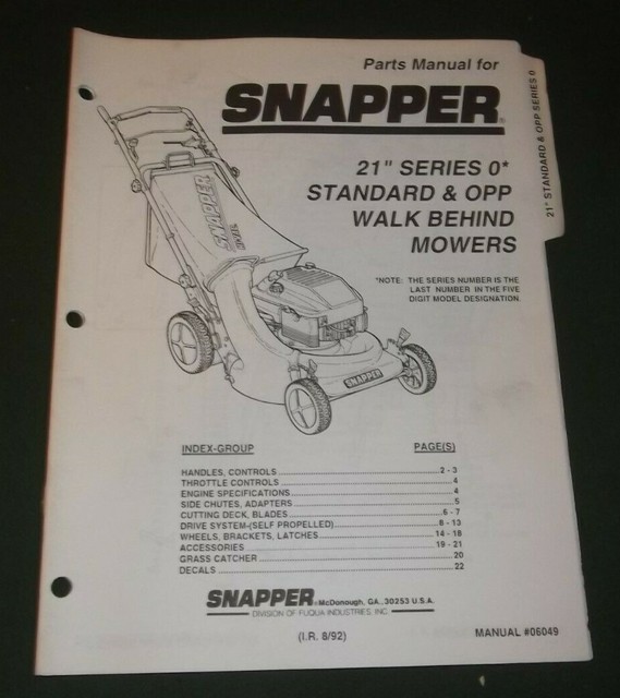 SNAPPER 21" SERIES 0 WALK BEHIND MOWER PARTS MANUAL BOOK CATALOG | eBay