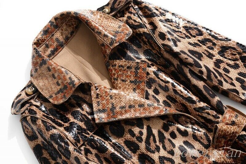 New Womens Leopard Print Sheepskin Leather Jacket Trench Coat Slim Fit ...