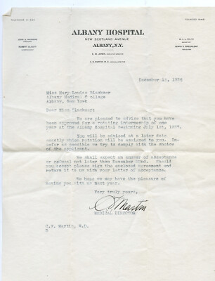 1936 Antique Letterhead Albany Hospital NY Medical College Signed ...