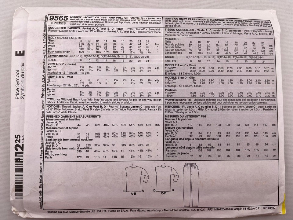 McCalls 9565 Sewing Pattern Oversize Jacket Vest Pants Misses Sz 10-14 ...
