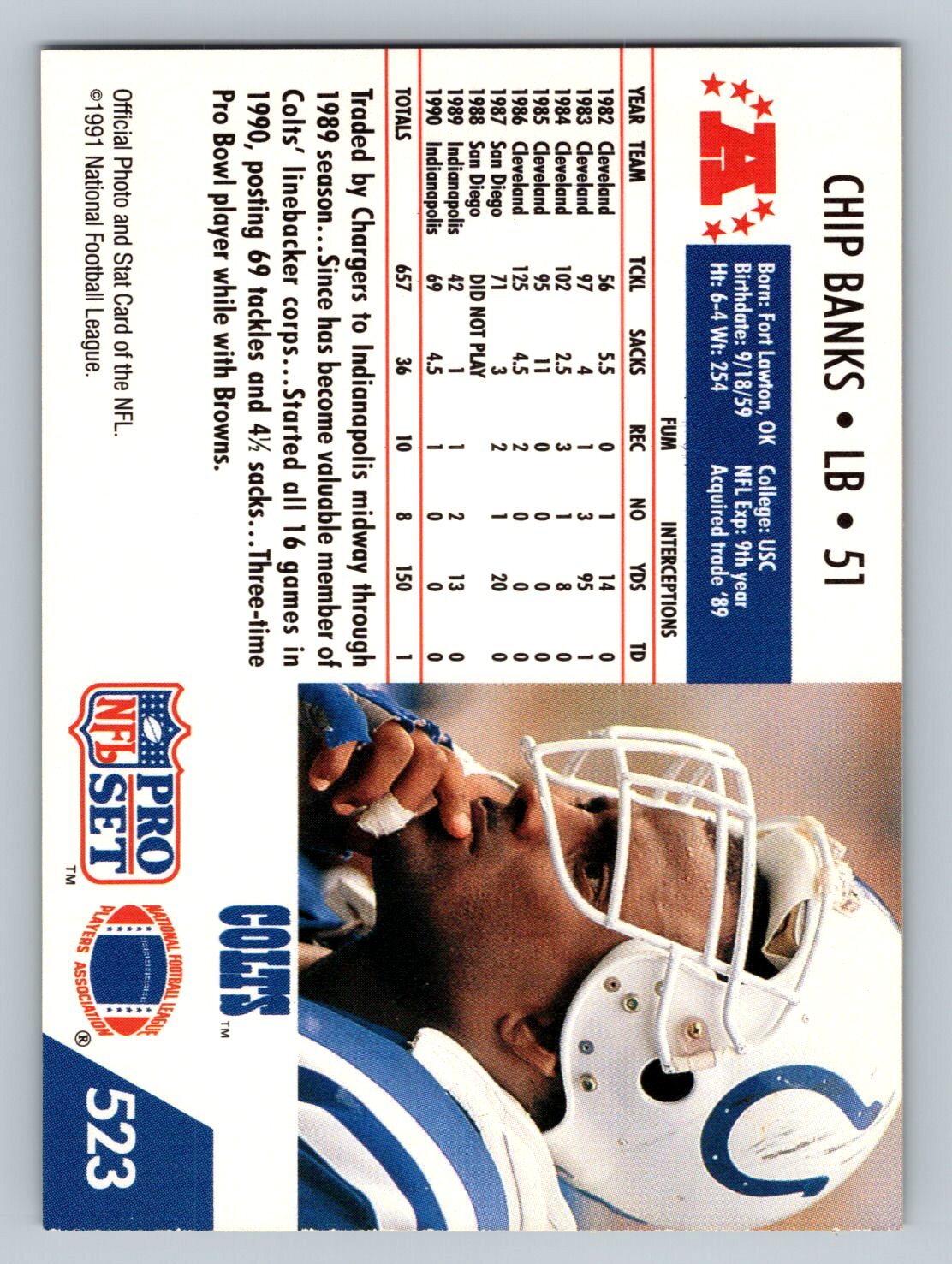 1991 Pro Set - No Text on Back #523 Chip Banks for sale online | eBay