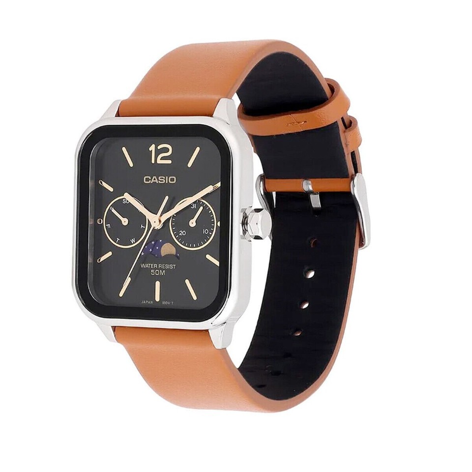 Casio MTP-M305L-1A Moon Phase Brown Leather Black Analog Quartz Square ...