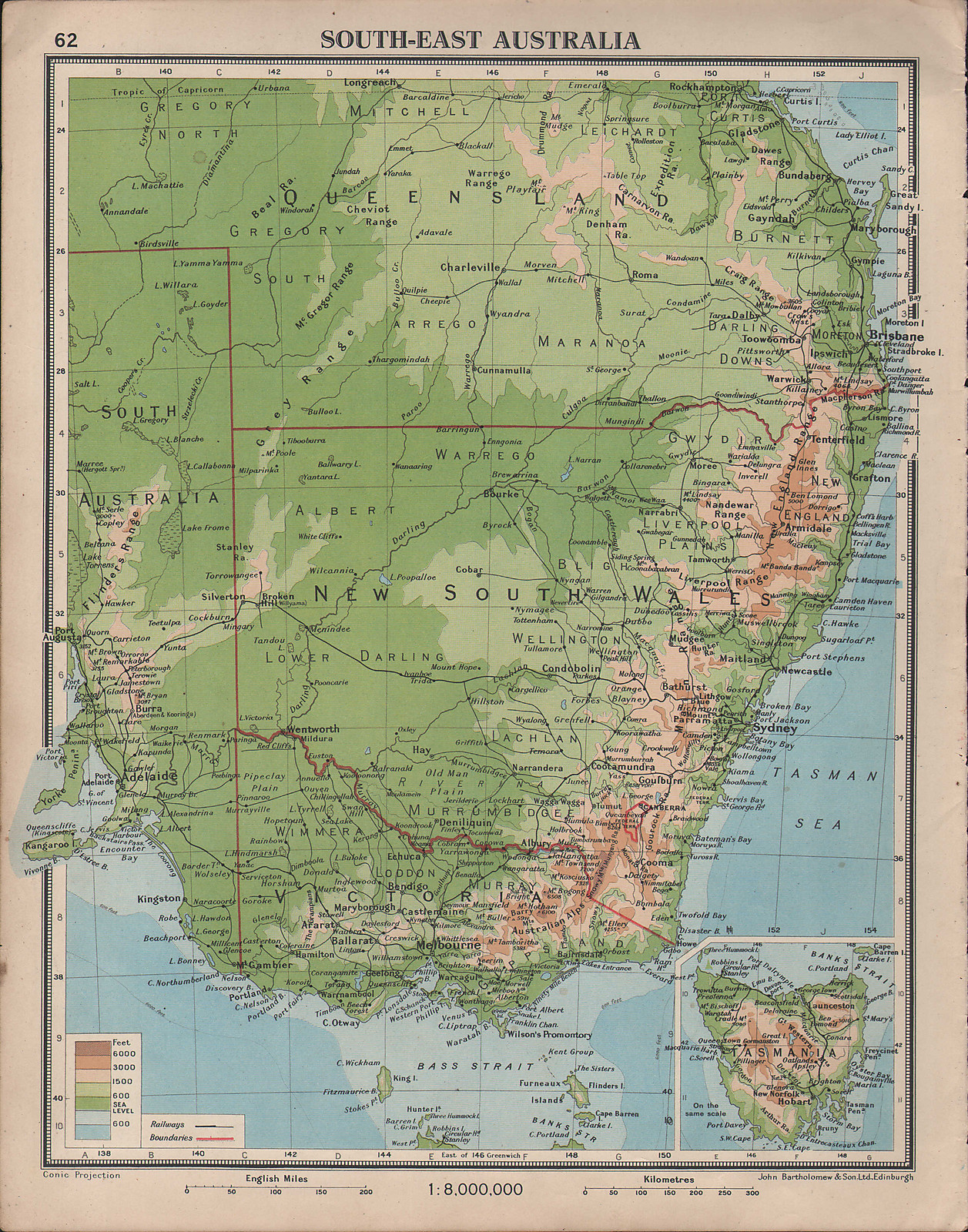 1939 MAP ~ SOUTH-EAST AUSTRALIA NEW SOUTH WALES VICTORIA INSET TASMANIA ...