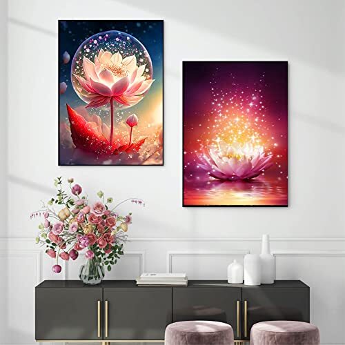 2-Piece Lotus Diamond Painting Kits for Adults, Round Full Drill Flower ...