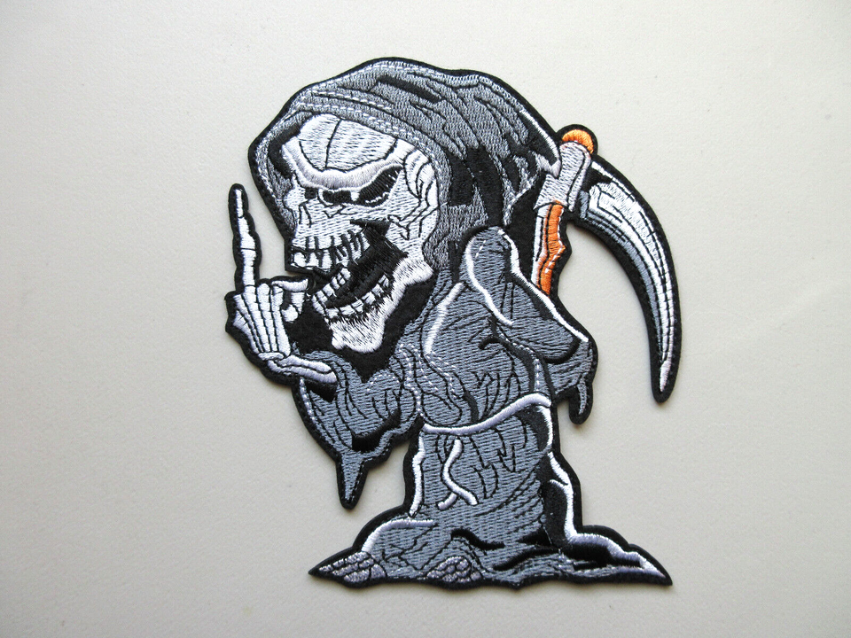 🔥GRIM REAPER SKULL SKELETON GIVING THE MIDDLE FINGER EMBROIDERED IRON ...