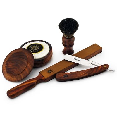 CLASSIC OLD WOOD CUT THROAT STRAIGHT RAZOR SHAVING GIFT SET SOAP BADGER ...