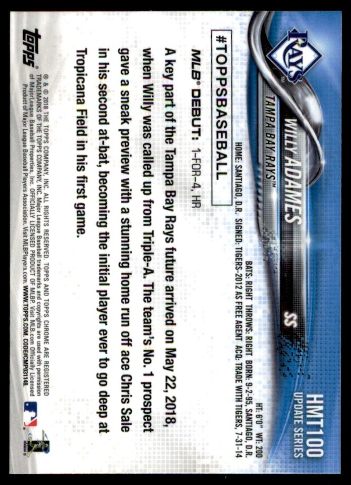 2018 TOPPS CHROME UPDATE EDITION WILLY ADAMES1 RC TAMPA BAY RAYS # ...