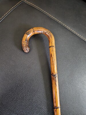 Vtg Folk Art Cane Hand Carved Bulb Nose & Stepped Genuine Maple With ...