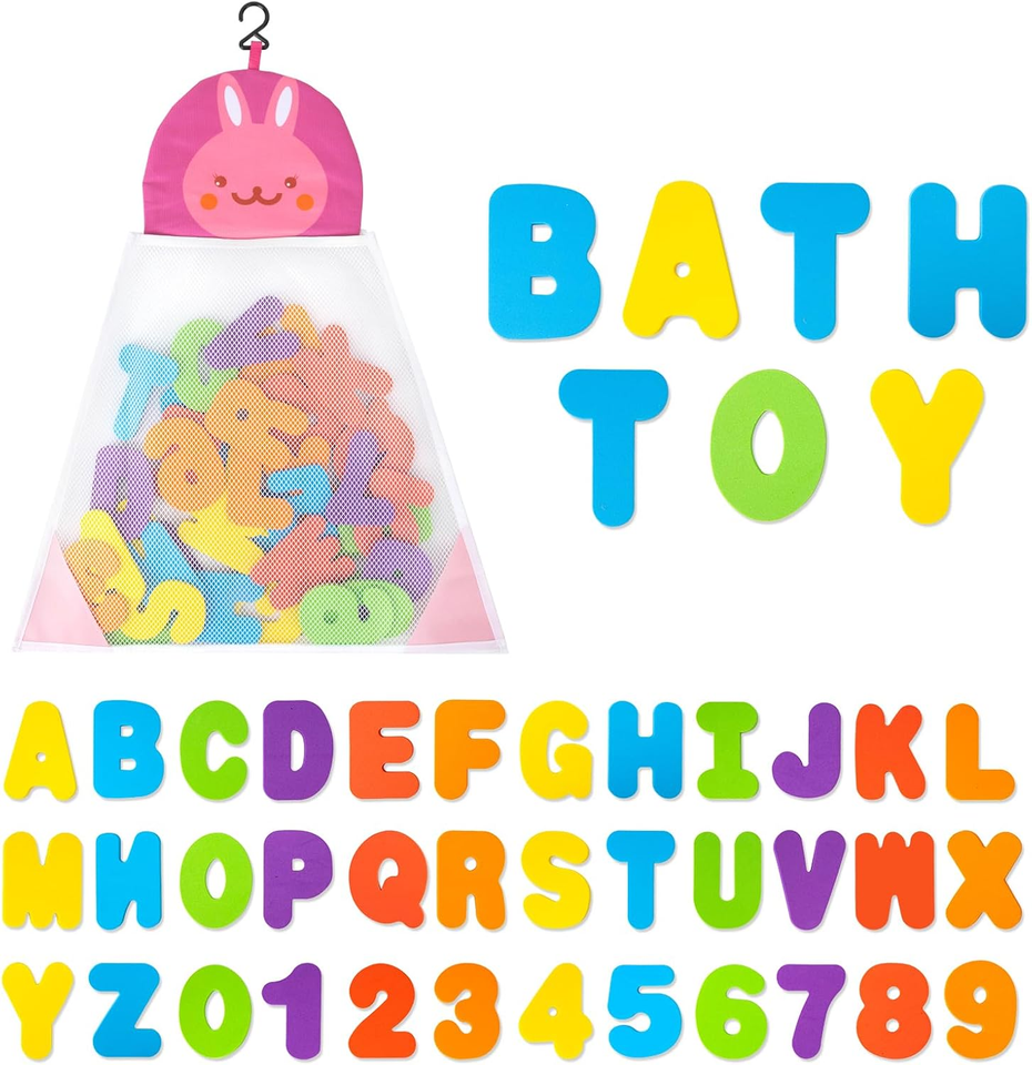 Bath Toys Organizer + 36 Soft Foam ABC 123 Letters & Numbers Bathroom ...