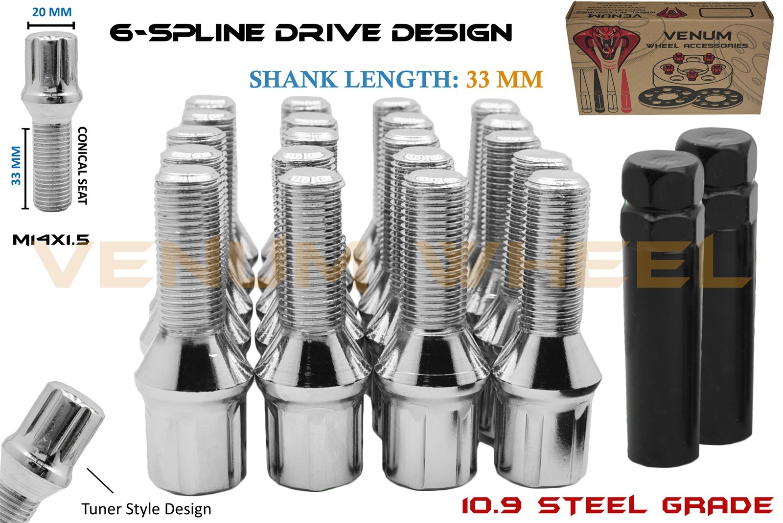 20 Pc 14x1.5 Chrome Spline Tuner Lug Bolts 33mm Extended Shank + 2 ...