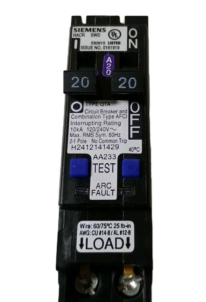 Siemens QTA Q2020AFC Circuit Breaker 20A 120V/240V 1-Pole Tandem AFCI ...