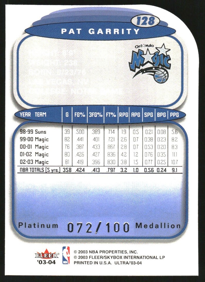 2003-04 Ultra Platinum Medallion Magic Basketball Card #128 Pat Garrity ...