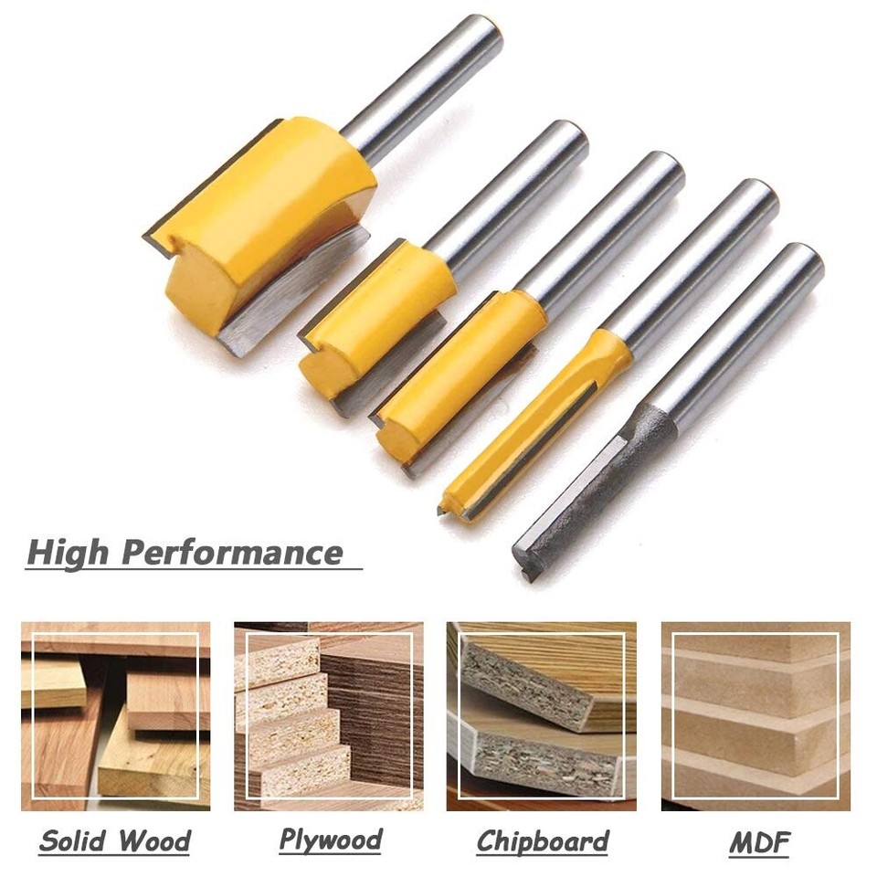 5 Pcs 1/4" Shank Straight Router Bit Set Wood Milling Cutter ...