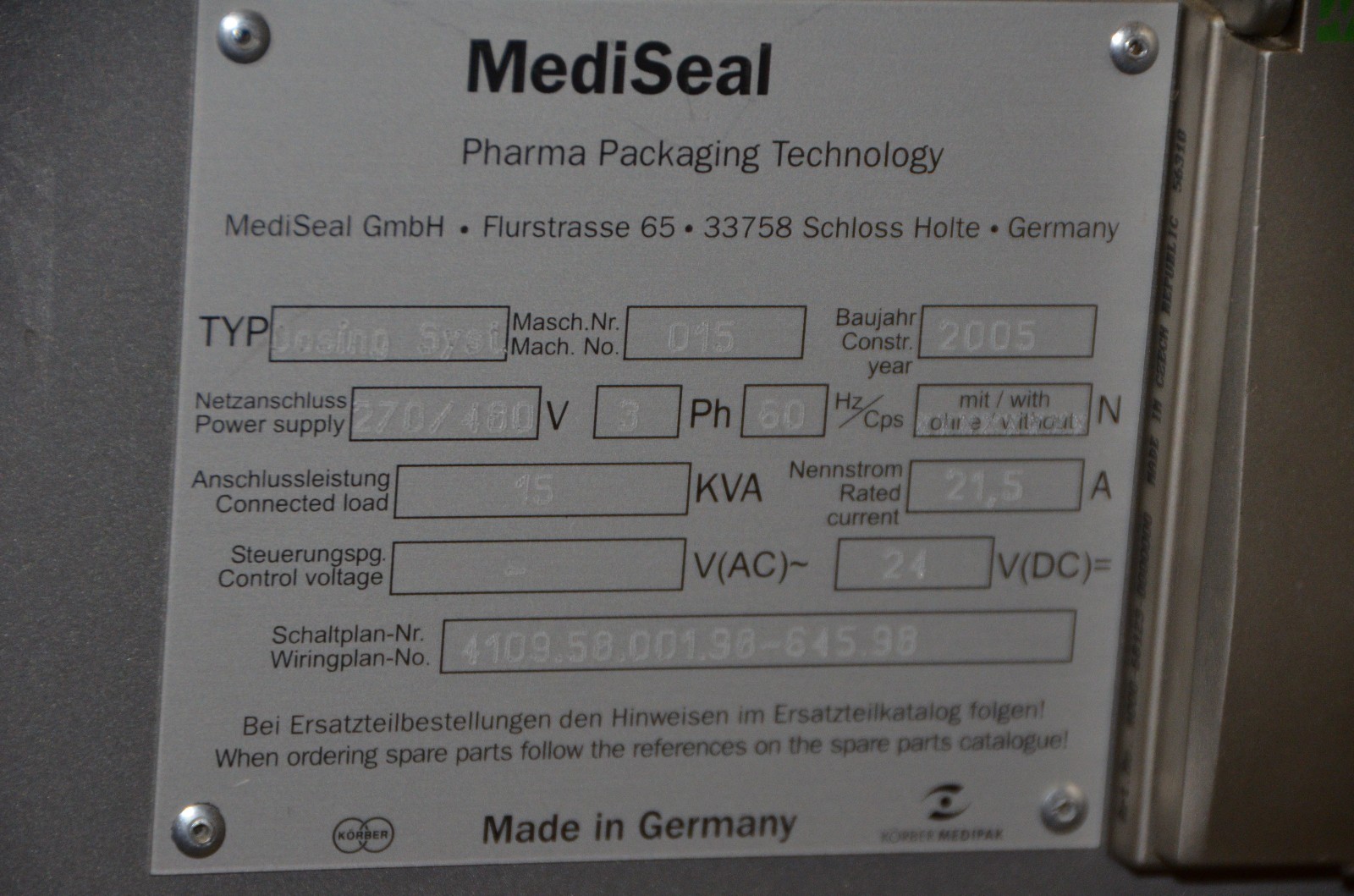 Korber Medipak MediSeal Tablet Dosing ODT-Feeder for Korber CP3 Blister ...