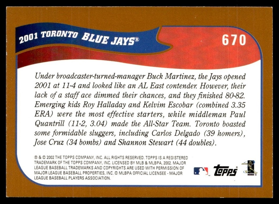 2002 Topps Toronto Blue Jays Toronto Blue Jays #670 | eBay