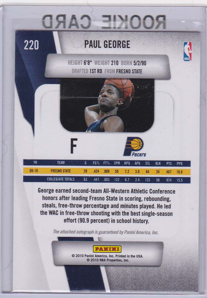 PAUL GEORGE ROOKIE CARD 2010/11 Prestige PACERS RC Indiana Basketball ...