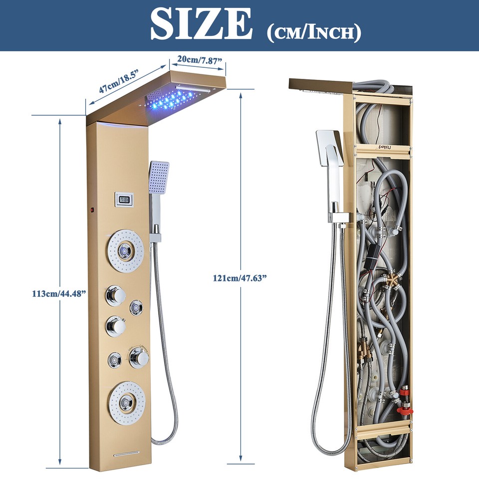 Gold Rain Shower Panel Tower Stainless steel Massage Body Jets Shower ...