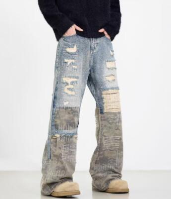 Men's Blue Denim Mixed Straight Leg Punk Hip Hop Pants Trousers Ripped ...