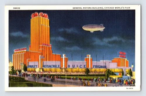 Postcard Illinois Chicago IL 1933 World's Fair Blimp Night GM Building ...