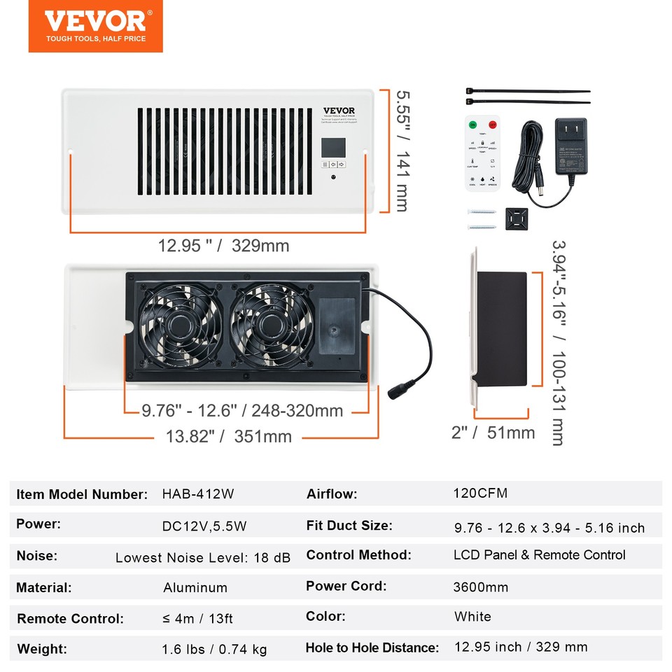 VEVOR Quiet Register Booster Fan Heating / Cooling 4 x 12” Registers ...