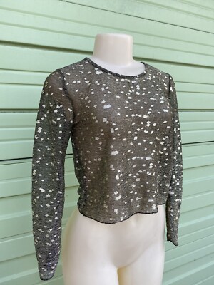 ZARA METALLIC THREAD T SHIRT EFFECT SEMI SHEER TOP LONG SLEEVES S #1906 ...