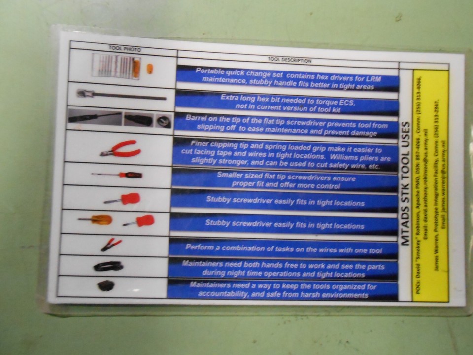 APACHE HELICOPTER SPECIAL TOOL SET MTADS STK Snap-on, Williams ...