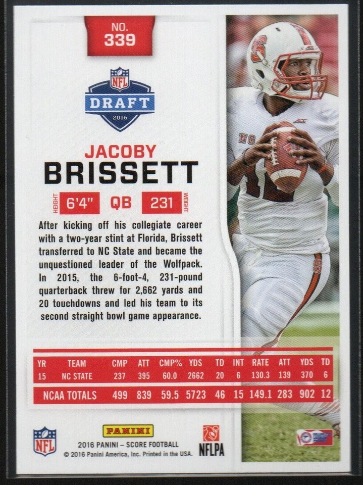 Jacoby Brissett 2016 Score #339 Rookie Card North Carolina State ...