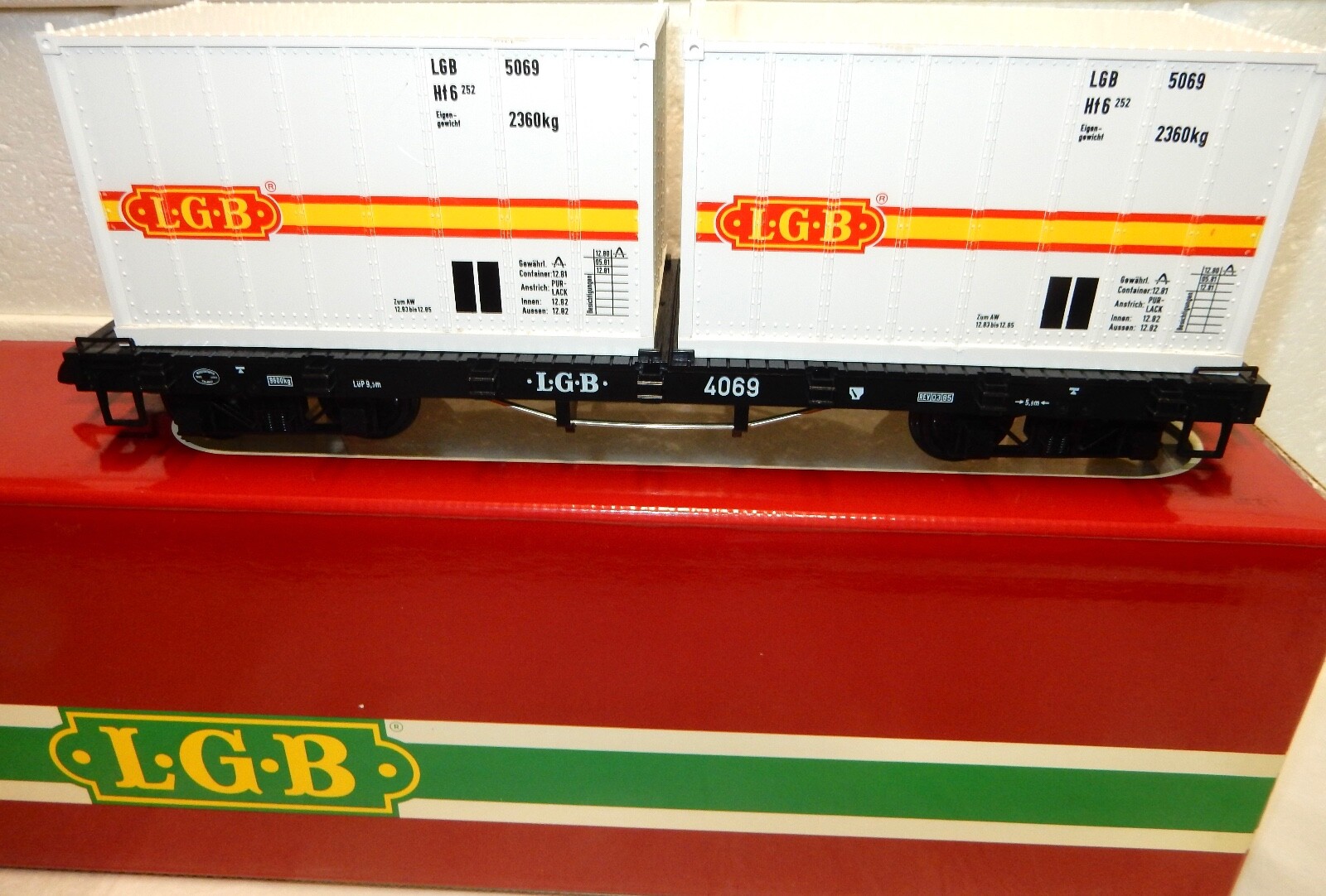 LGB G Gauge 4069 Flatcar with Lehmann - LGB White/Yellow Containers w ...
