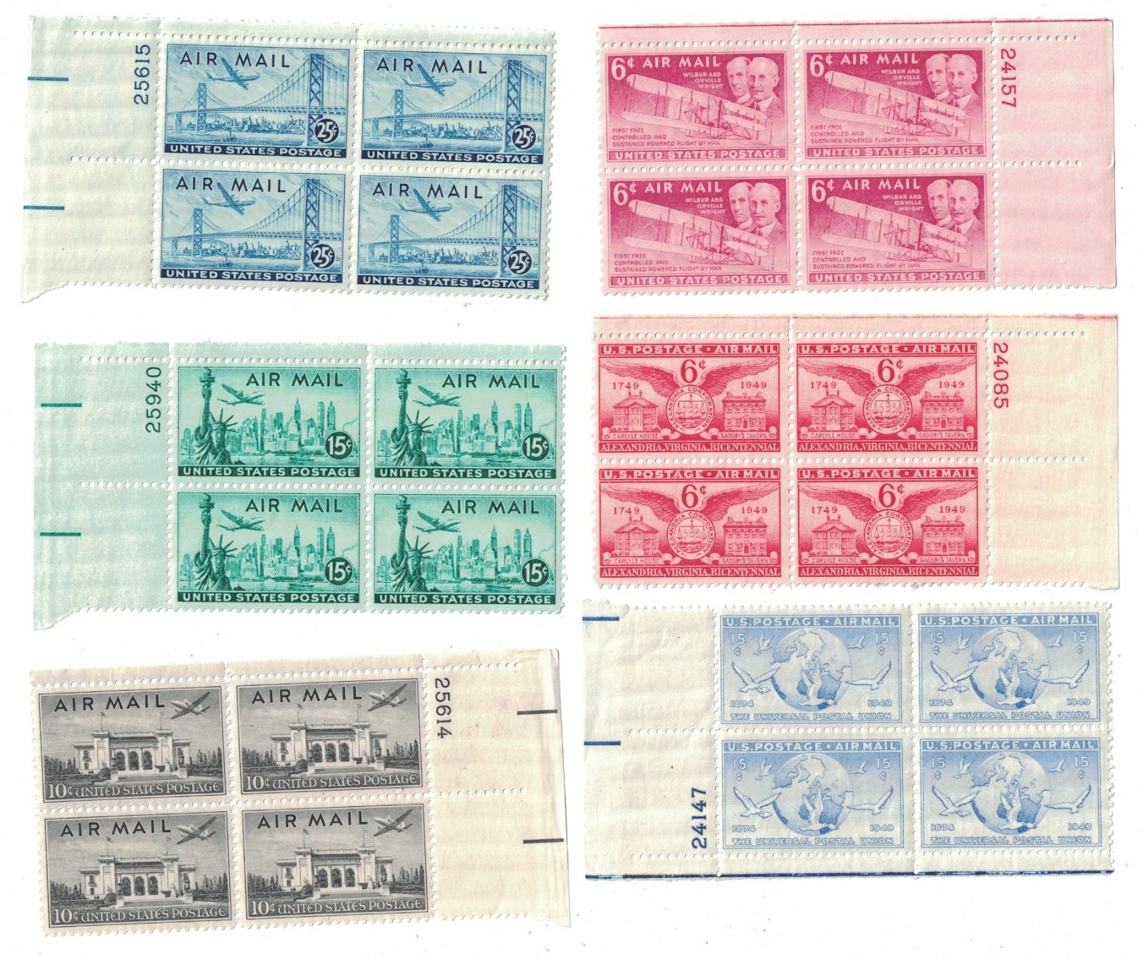 LOT OF U.S. AIRMAIL STAMP BLOCKS MNH SEE 3 SCANS WITH TABS SERIAL ...