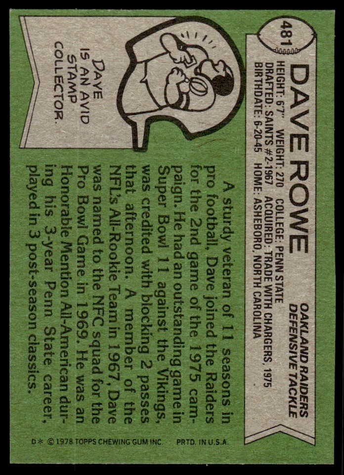 1978 TOPPS DAVE ROWE K OAKLAND RAIDERS #481 | eBay