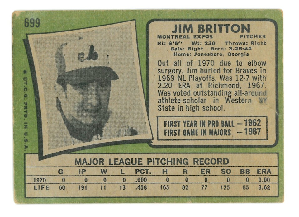 1971 Topps #699 Jim Britton Baseball Card - Montreal Expos - High ...