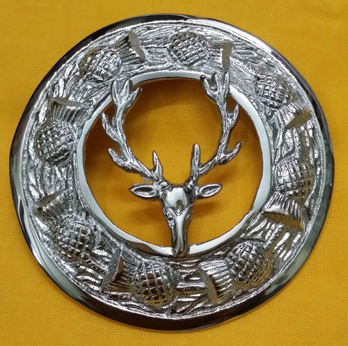 Scottish Kilt Fly Plaid Brooch Stag Head Chrome Finish 3" Celtic Pins ...