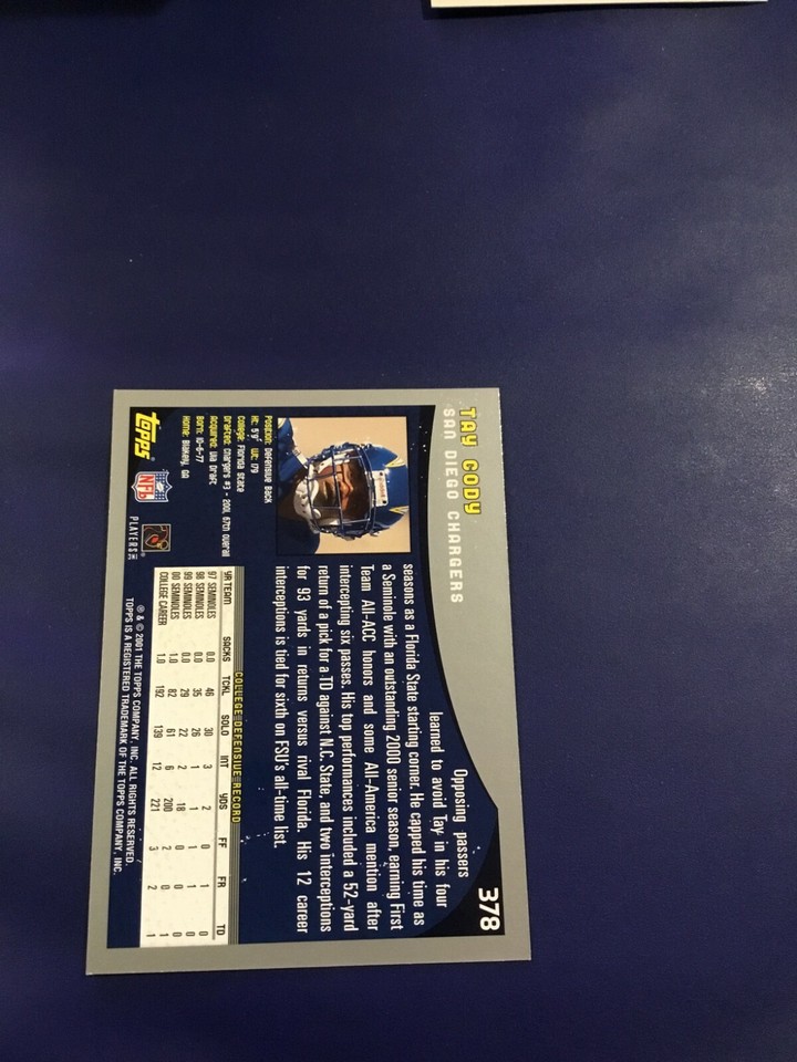 2001 Topps # 378 TAY CODY ROOKIE RC San Diego Chargers Florida State | eBay