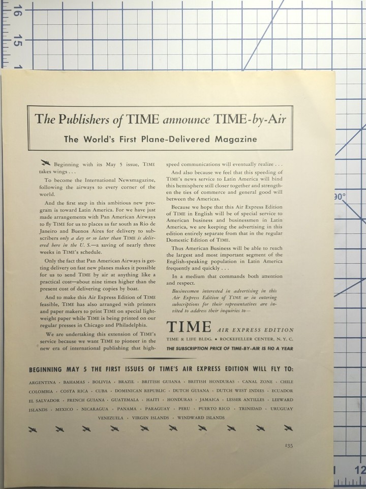 Time Magazine New Air Express Edition Western Hemisphere Vintage Print ...