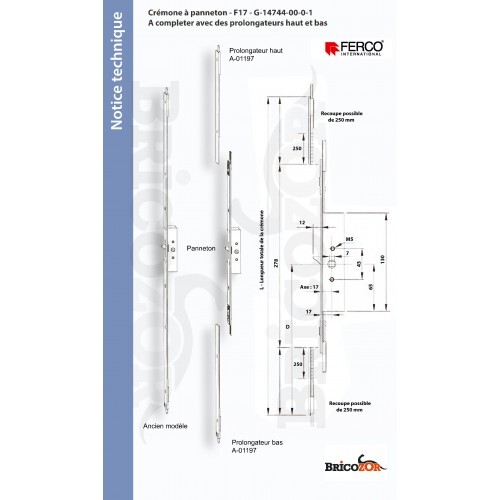 Crémone avec panneton - ajustable haut et bas par prolongateur - F17 FERCO | eBay