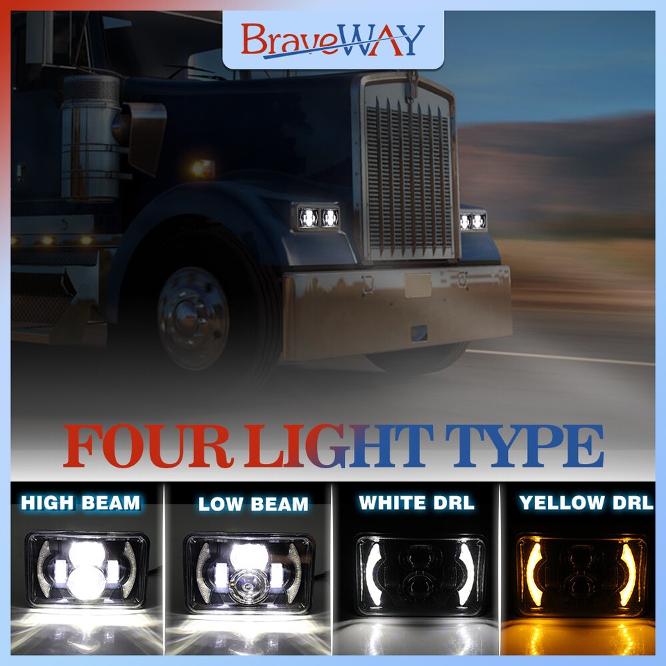 For Kenworth T800 1987-2021/W900 1981-2021 4pcs 4x6inch Rectangle Led ...