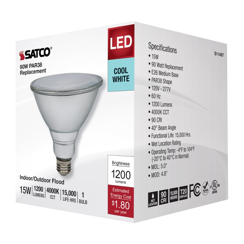 6 Pack 40 Degree Flood LED 120-277V 15W =90W PAR38 E26 Silver 4000K ...