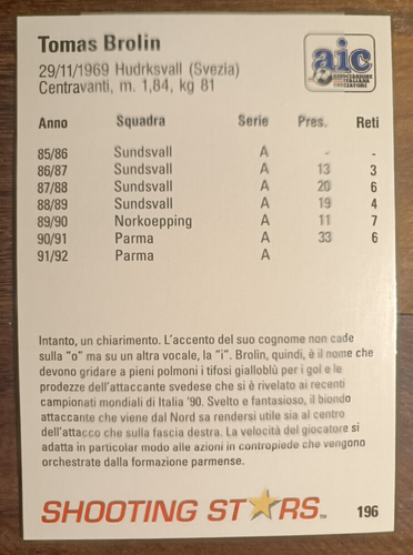 N.196 Tomas Brolin, Parma-Shooting Stars Figurine Card Soccer Merlin ...