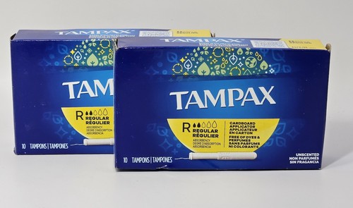 2 TAMPAX TAMPON REGULAR ABSORBENCY/CARDBOARD APPLICATOR/UNSCENTED/10 IN ...