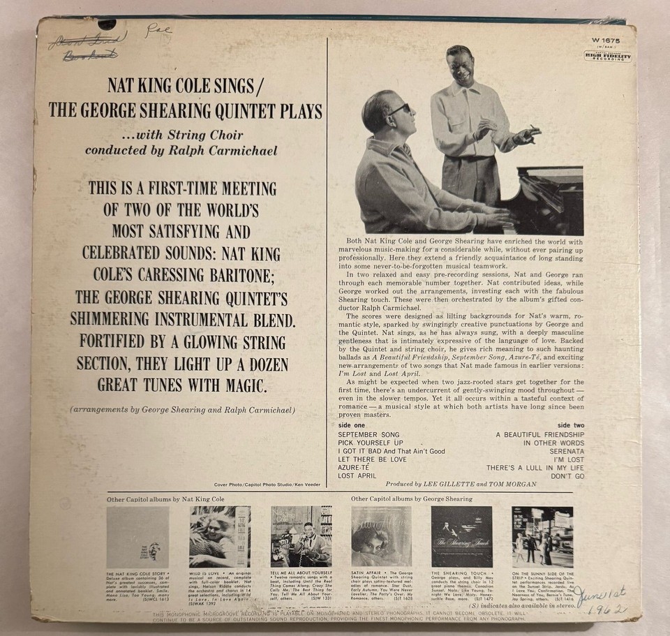NAT KING COLE / GEORGE SHEARING – NAT KING COLE SINGS /GEORGE SHEARING ...